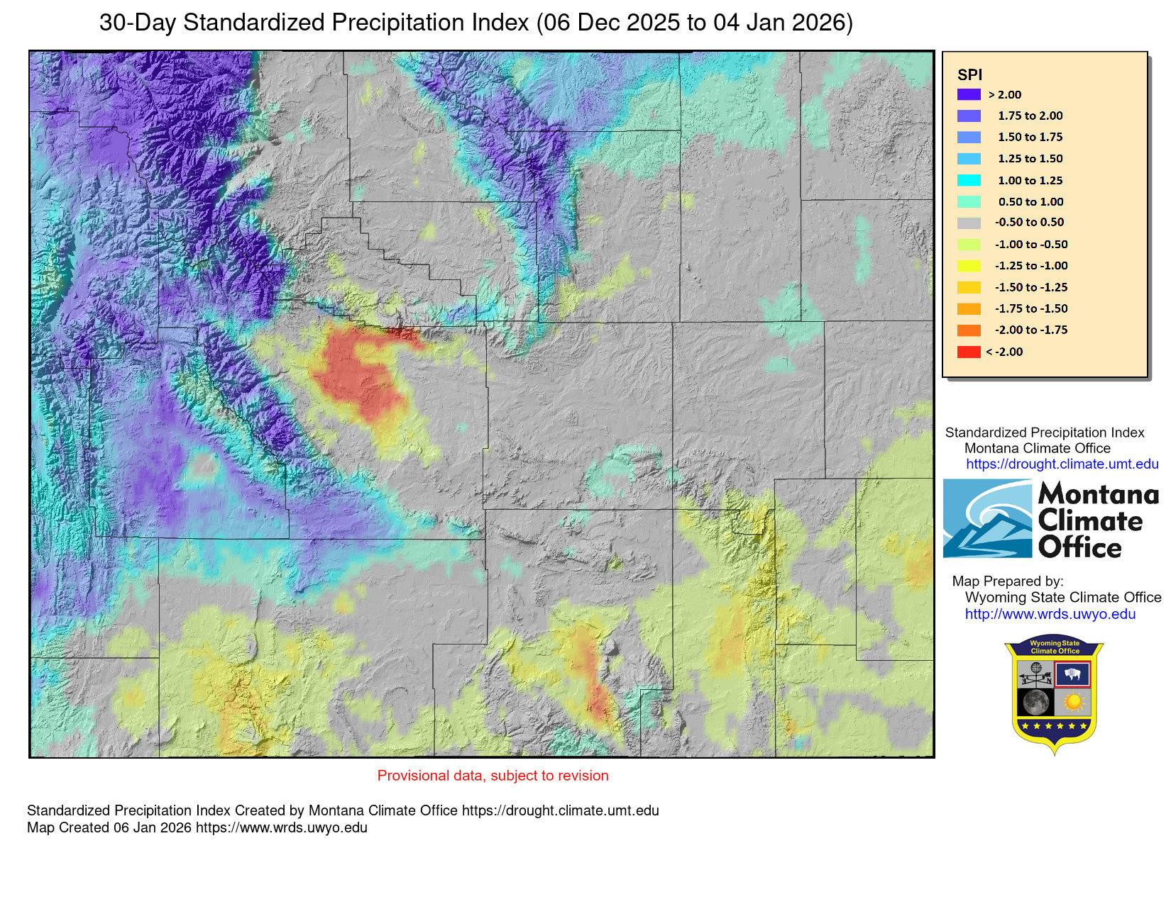 Map of Current 30-Day Standardized Precipitation Index - Wyoming State ...